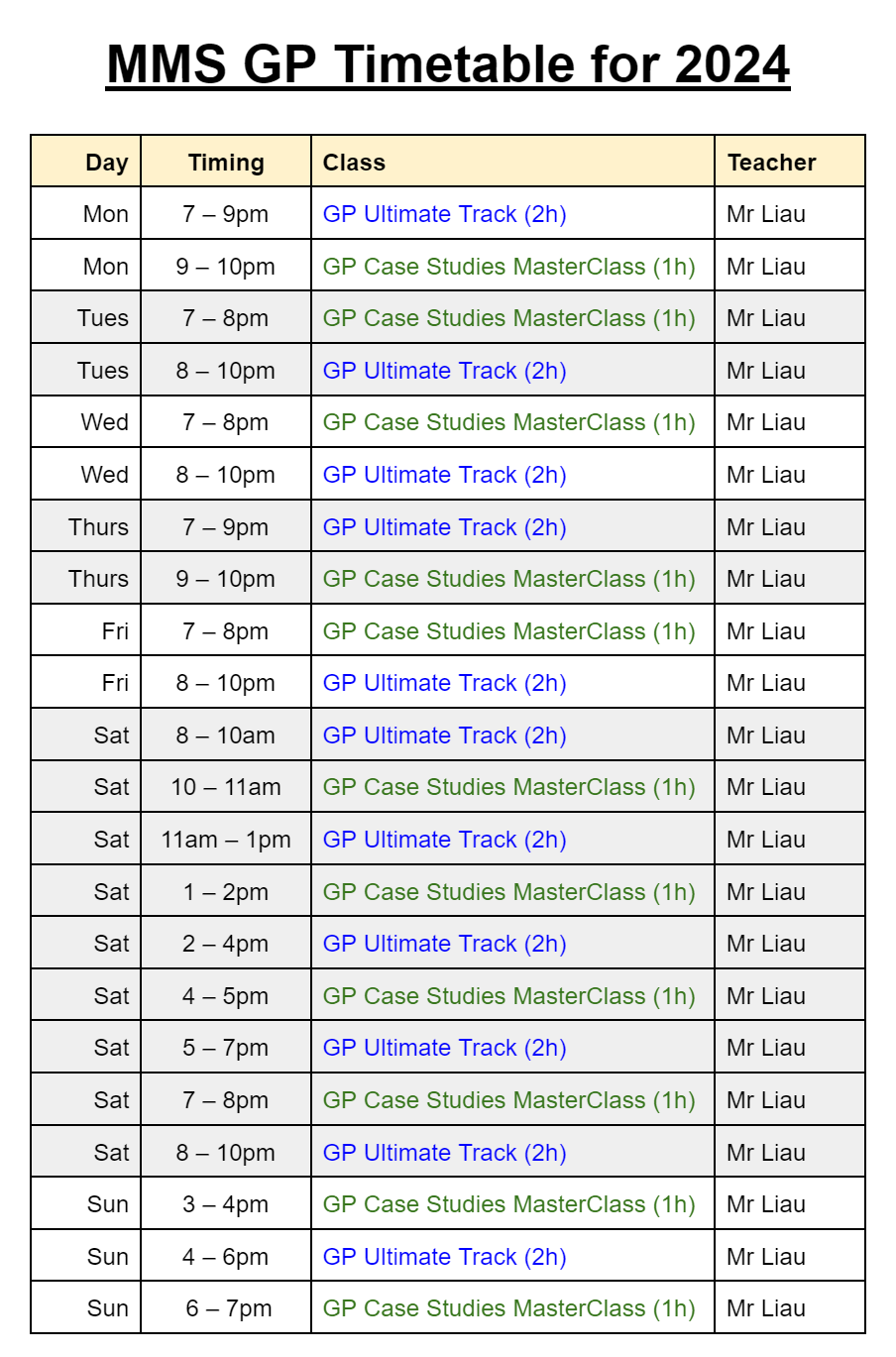 Schedule - General Paper (GP) Tuition
